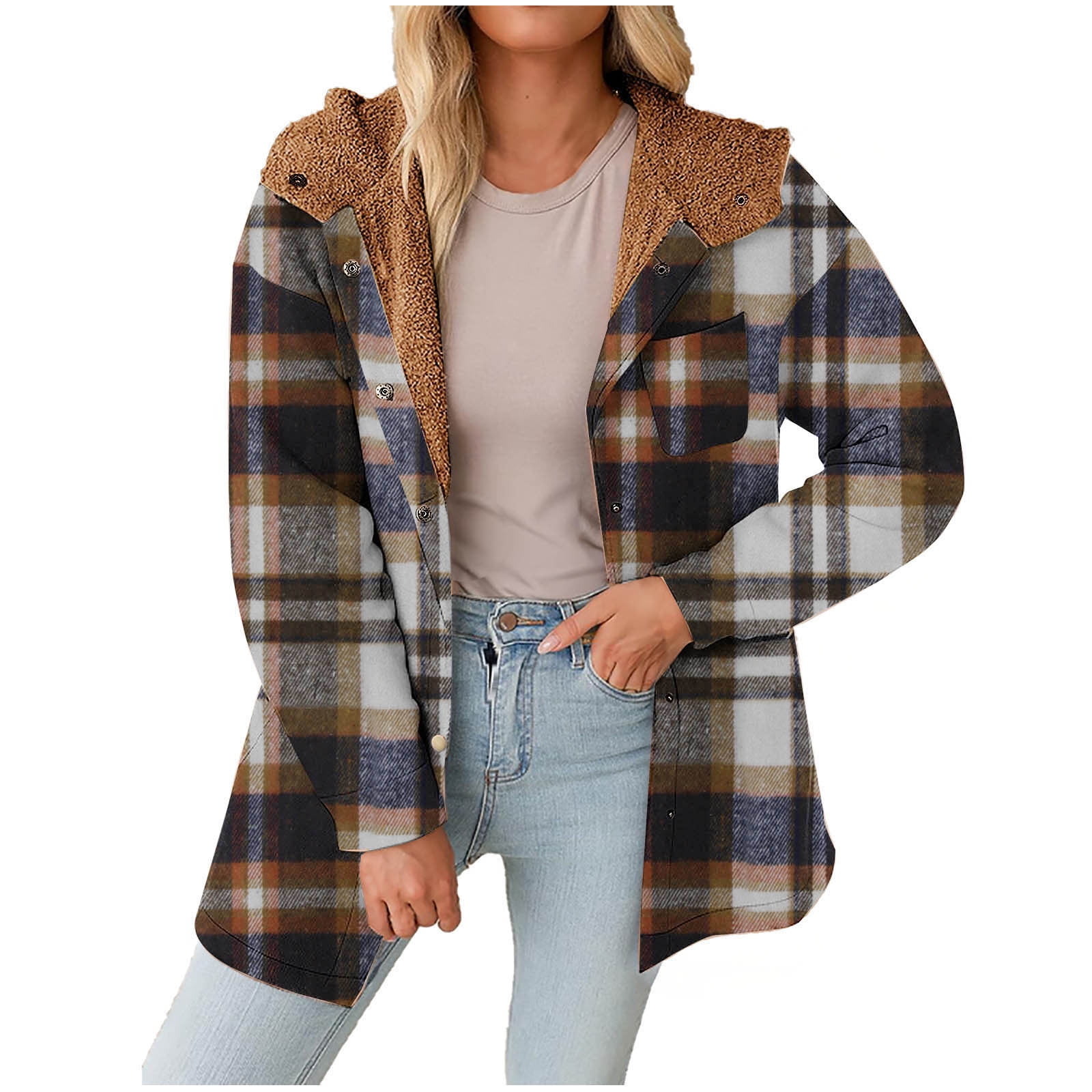 Womens Flannel Plaid Jacket Mid Length Button Up Hooded Midweight ...