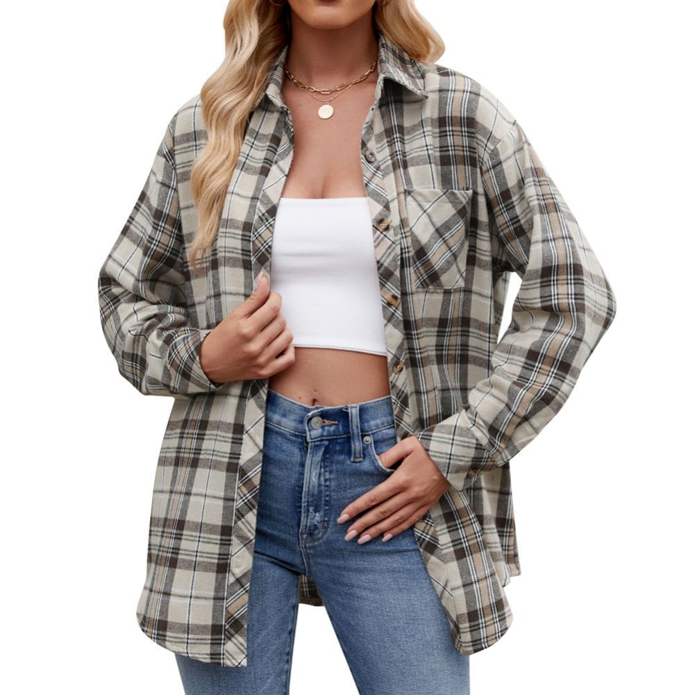 Lifeuping Womens Flannel Plaid Shirts Button Down Long Sleeve Fall ...