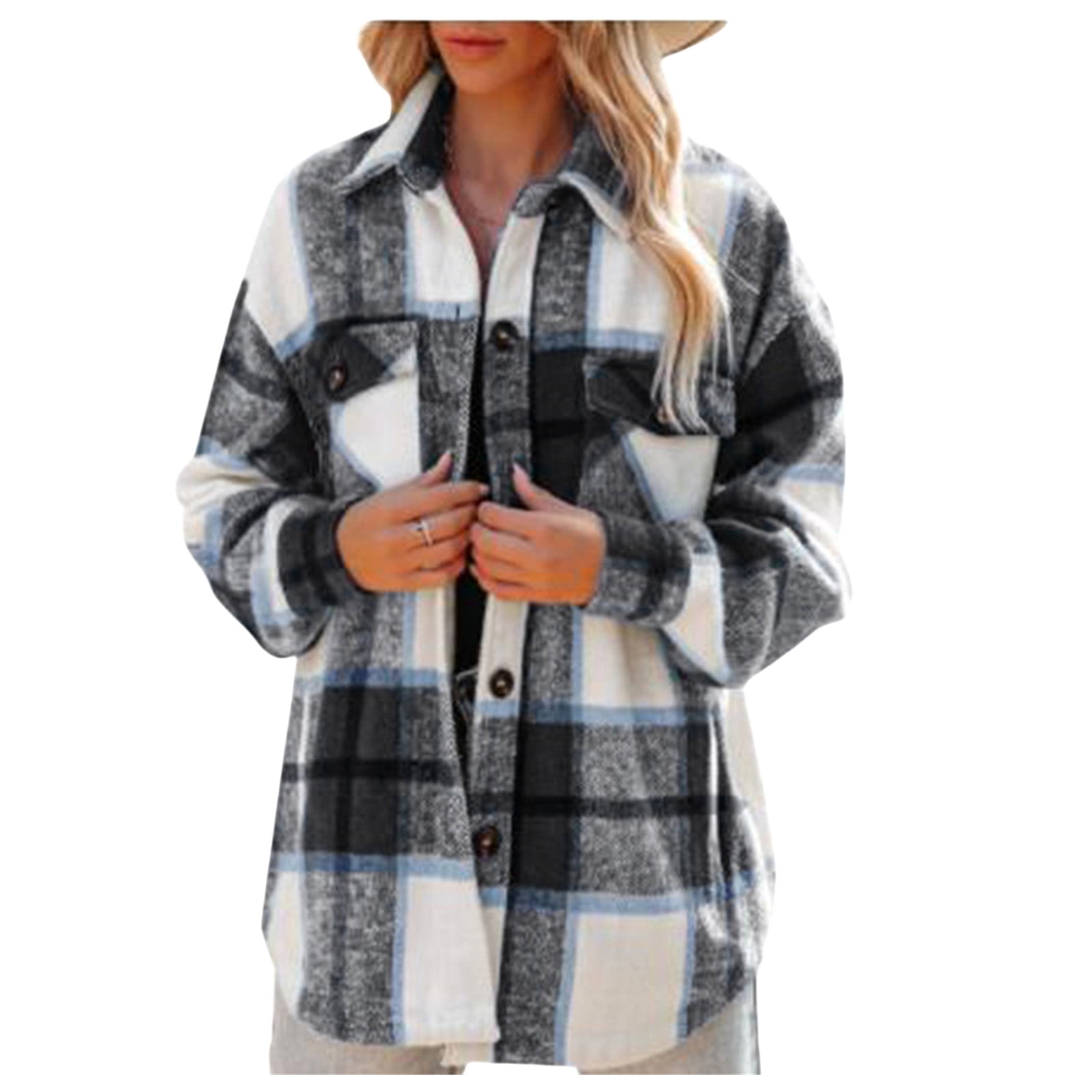 Womens Flannel Shacket Jacket Casual Plaid Button Down Long Sleeve ...
