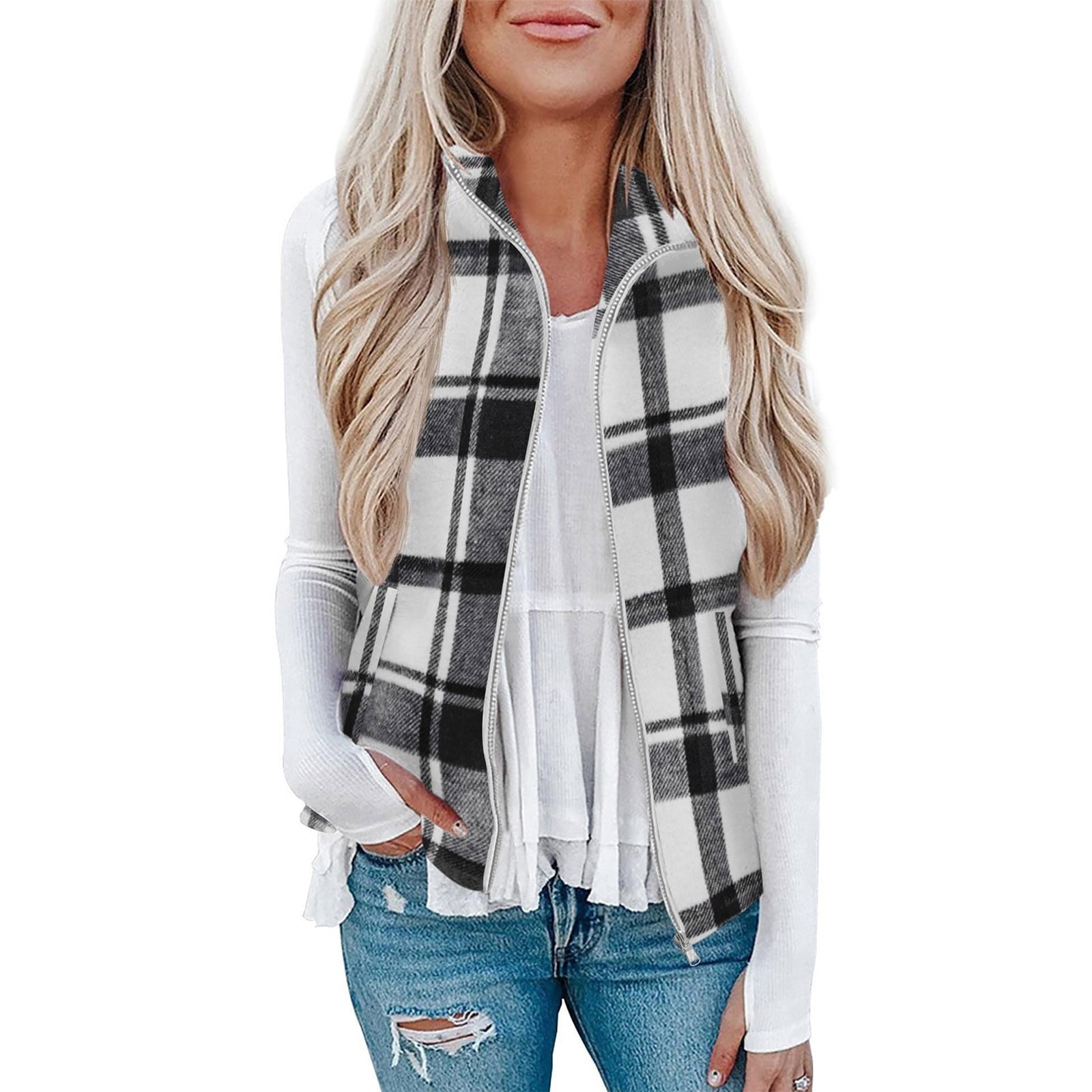 Womens Flannels - Plaid Vests for Women Casual Warm Sleeveless Zip up ...