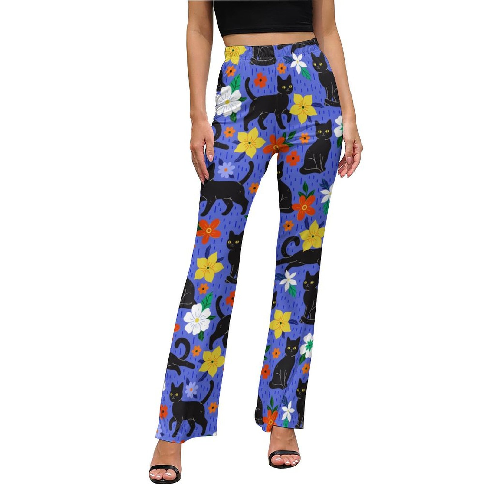Womens Flare Bell Bottoms Pants, Black Cats And Flowers High Waisted ...