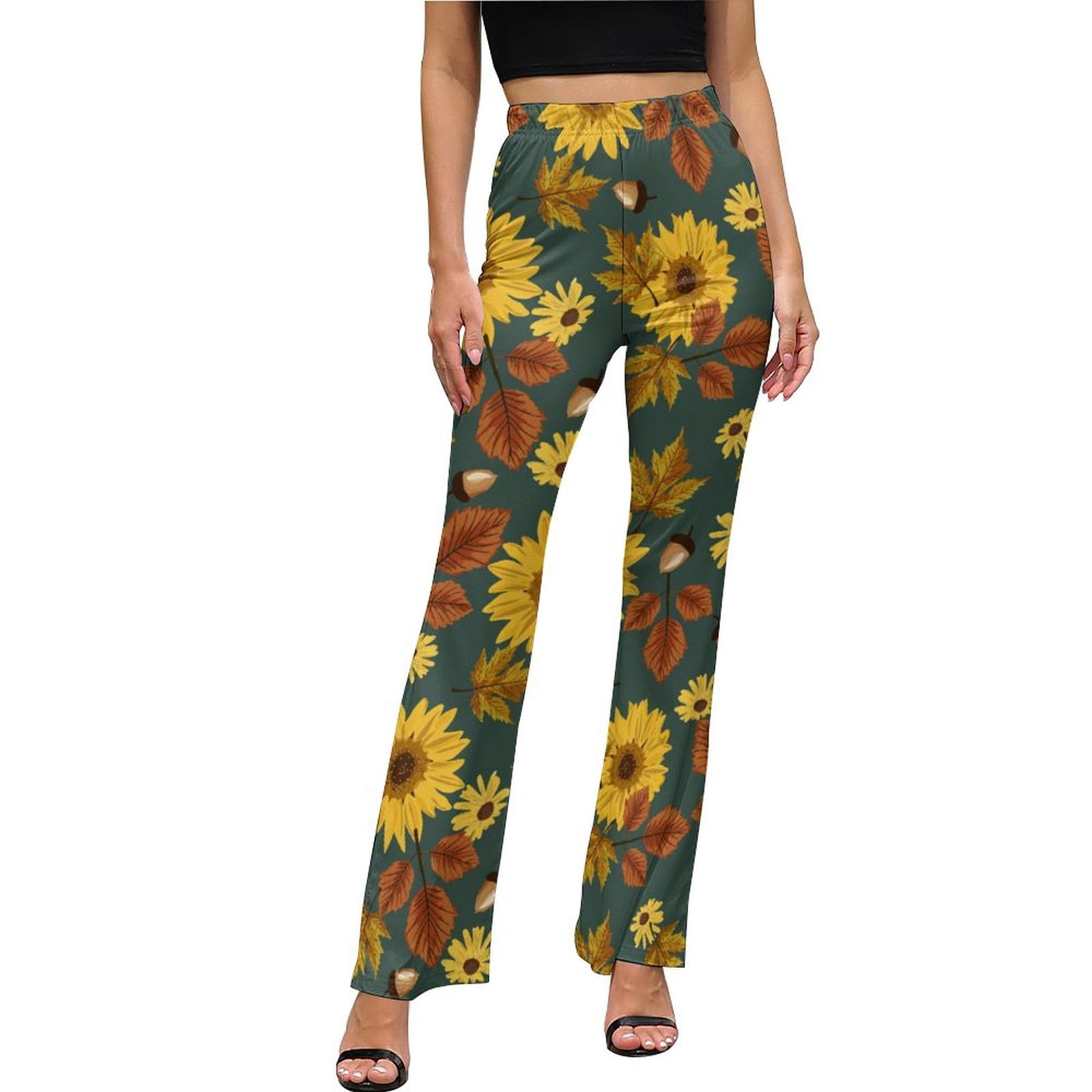 Womens Flare Bell Bottoms Pants, Fall Daisy Leaf Nuts High Waisted ...