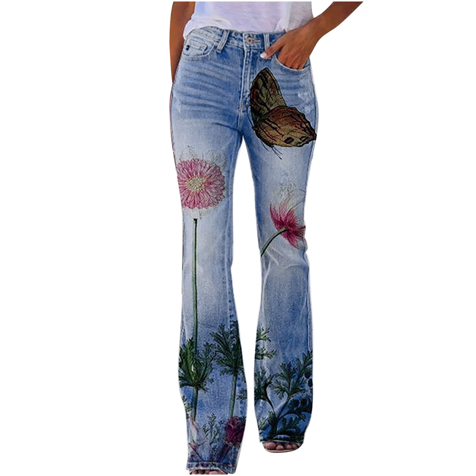 Womens Flare Jeans Pattern,Bell Bottom Jeans Women Floral Embroidered Jeans Stretch Flare Jean ...