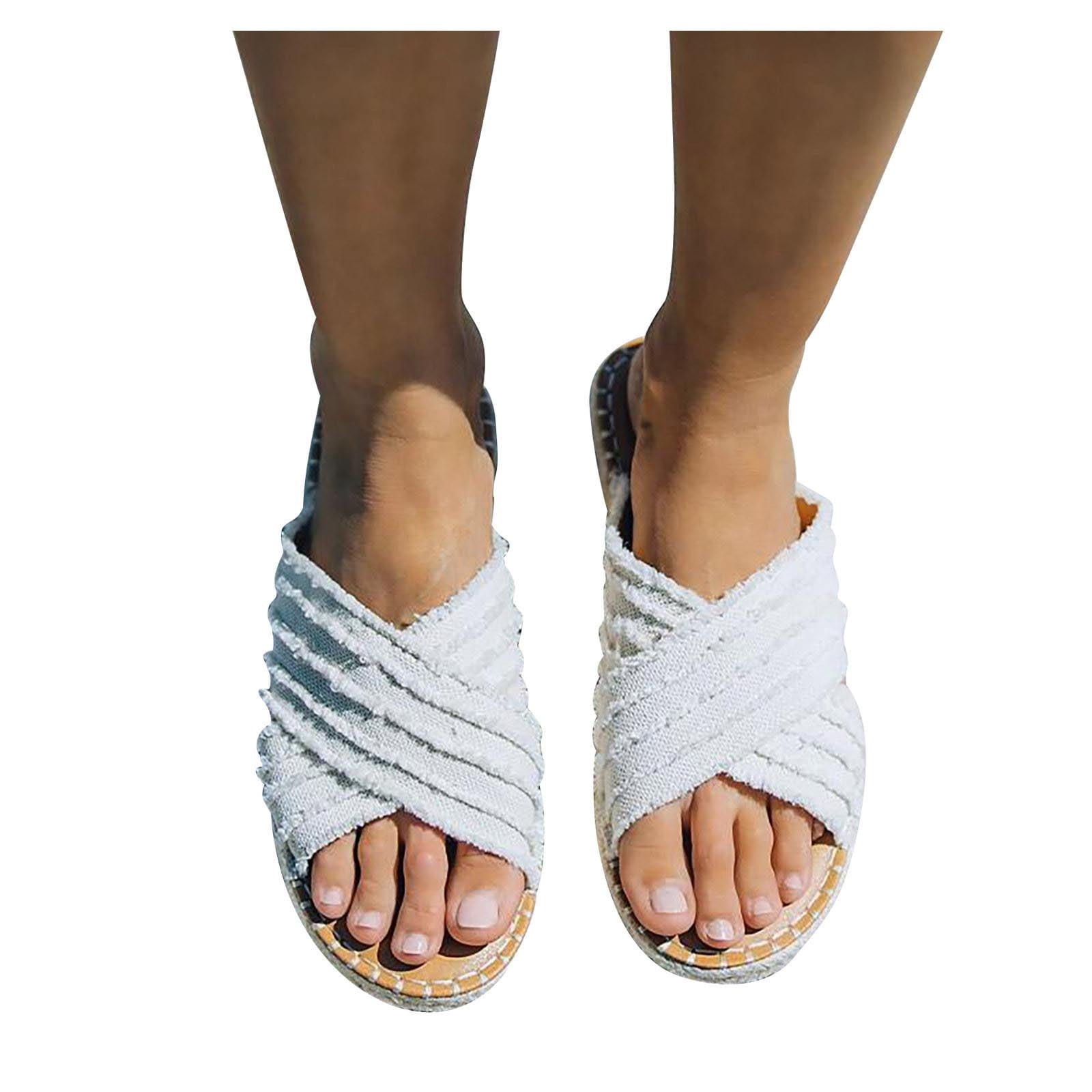 Womens Flat Sandals Open Toe Slip on Mule Slides Crossed Strap Slipper ...