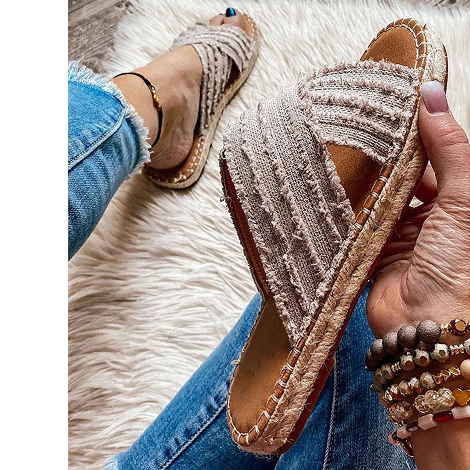 Womens Flat Sandals Open Toe Slip on Mule Slides Crossed Strap Slipper ...