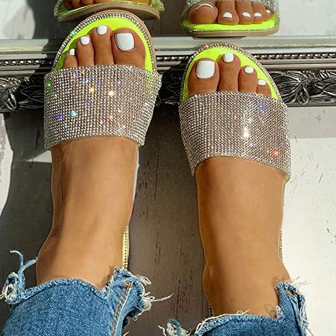 Womens Flat Sandals Round Open Toe Slip On Slides Slippers for Summer ...