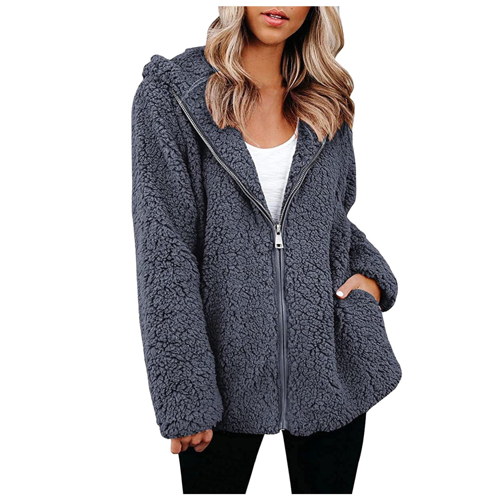 Womens Fleece Sherpa Jacket Long Sleeve Lapel Zip Up Outwear Faux Shearling Shaggy Oversized ...