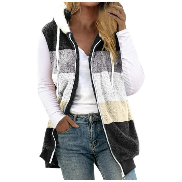 Womens Fleece Vests Full Zipper Hooded Fuzzy Jackets 2024 Winter Warm ...