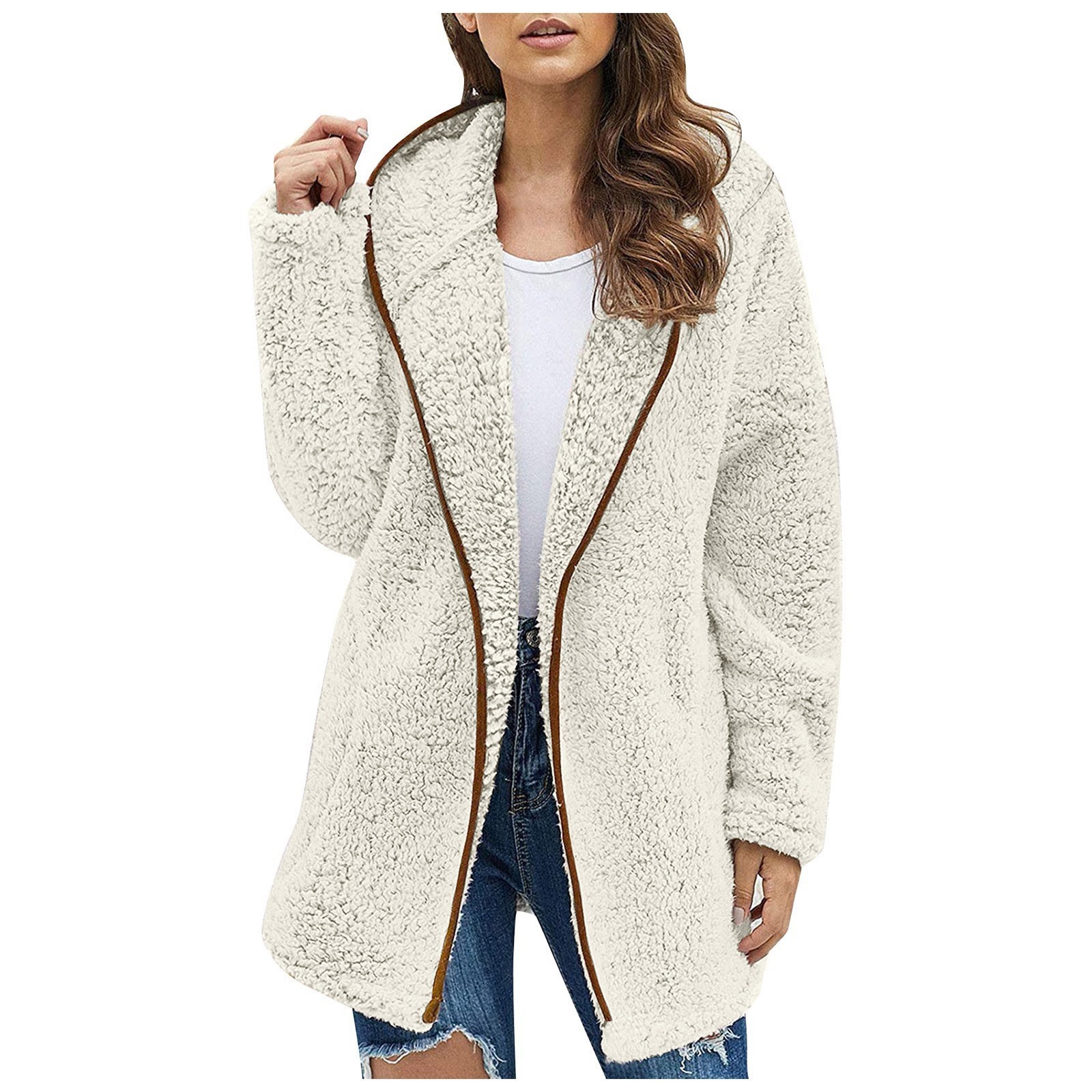 Womens Fleece Zip Up Jacket with Pockets Oversized Long Sherpa Hoodie ...