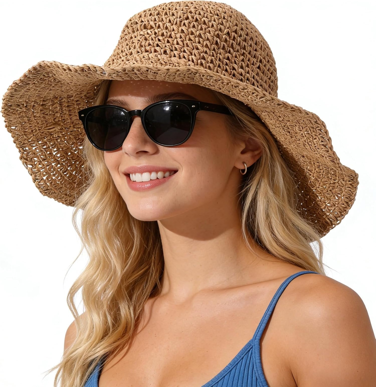 Womens Floppy Beach Straw Hats Wide Brim Crotchet Sun Hat Foldable ...