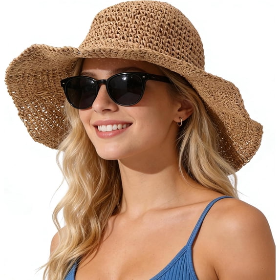 Womens Floppy Beach Straw Hats Wide Brim Crotchet Sun Hat Foldable ...