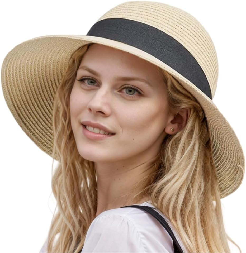 Womens Floppy Beach Sun Straw Hat Foldable Travel Wide Brim Summer ...