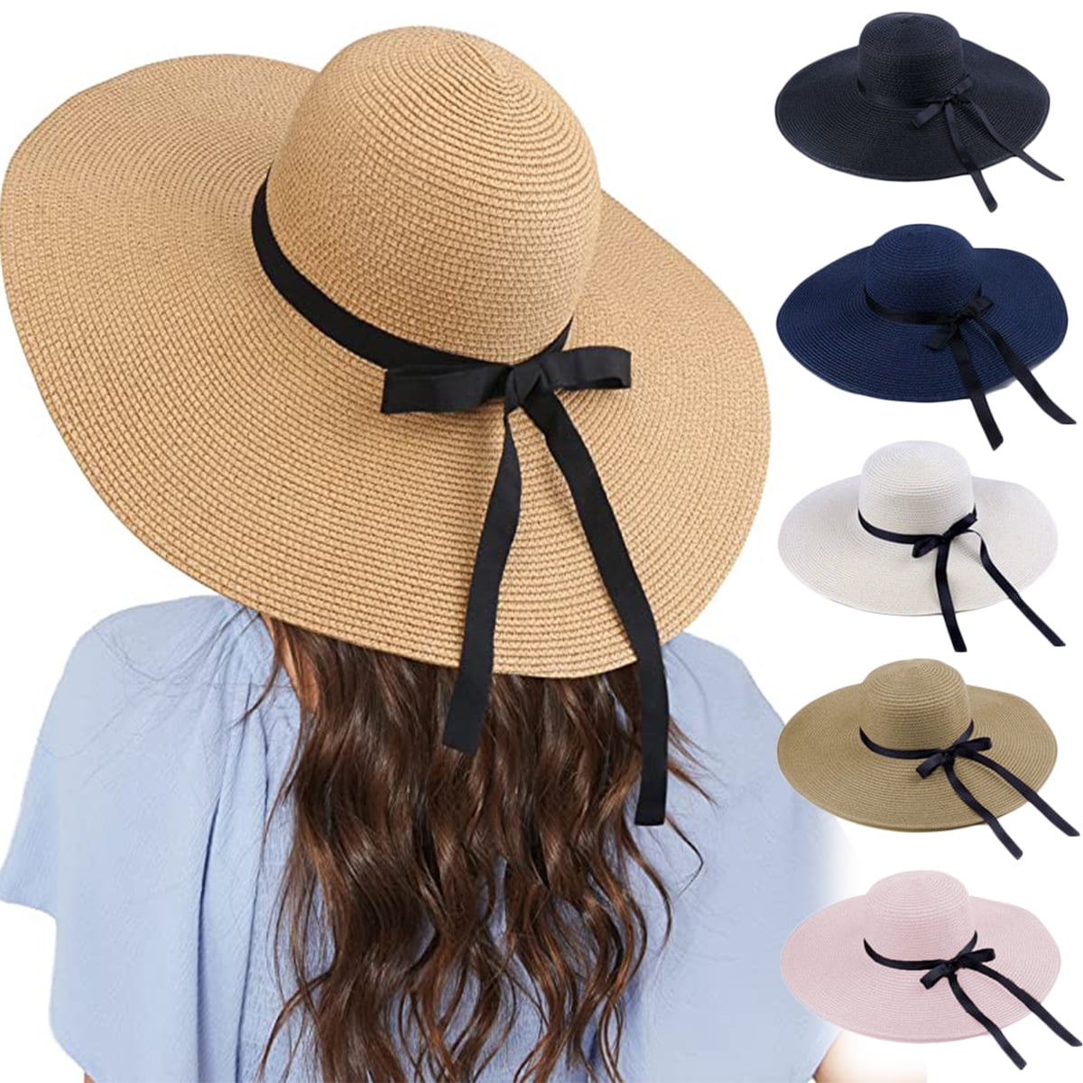 Womens Floppy Summer Sun Beach Straw Hat, Foldable Wide Brim Hats with ...