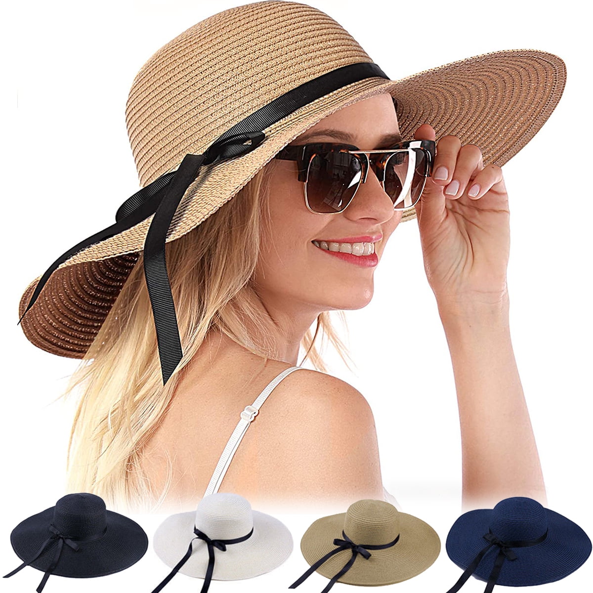 Womens Floppy Summer Sun Beach Straw Hat UPF50 Foldable Wide Brim ...