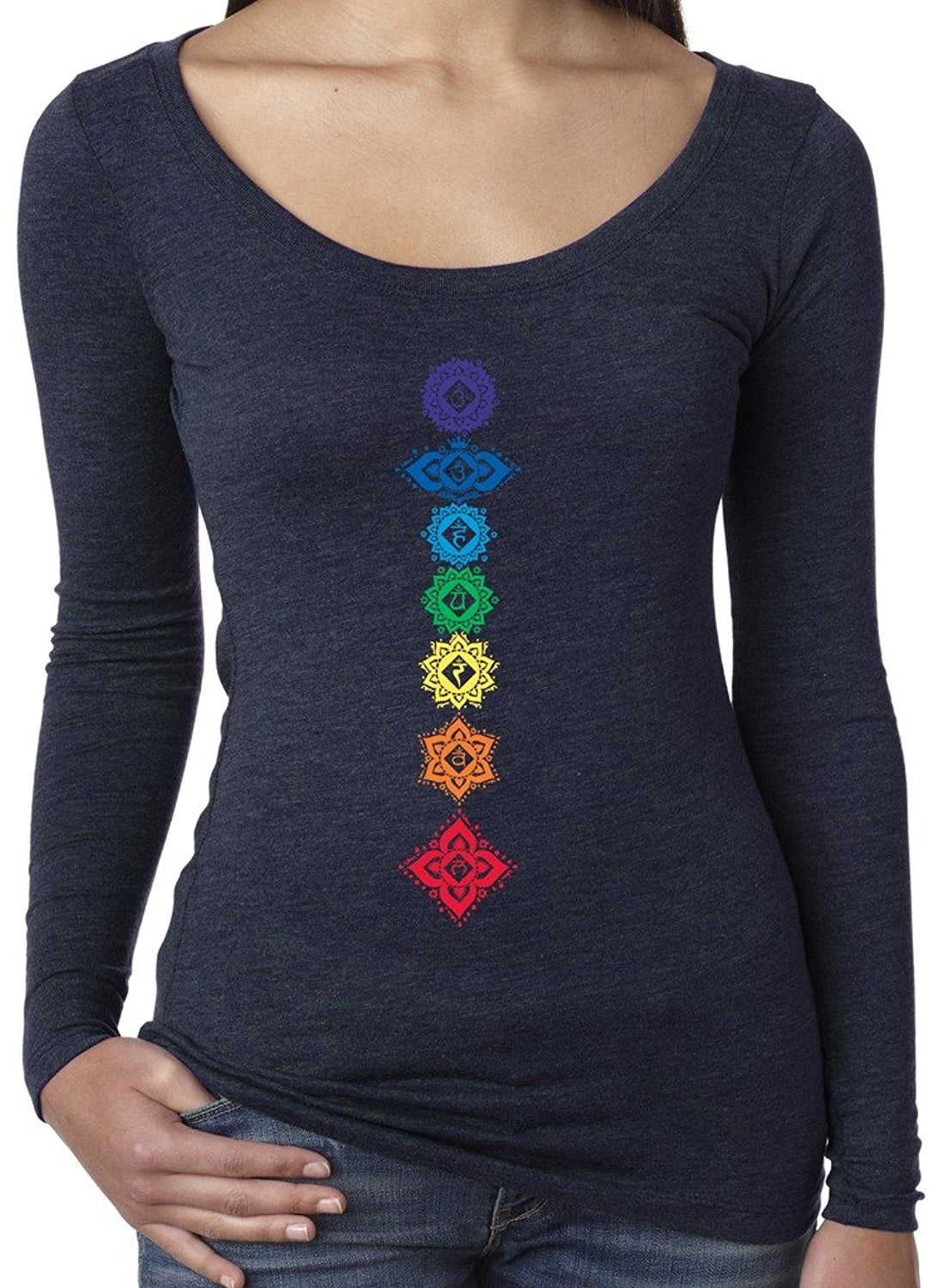 Womens Floral Chakras Long Sleeve Yoga Tee Shirt - Vintage Navy ...