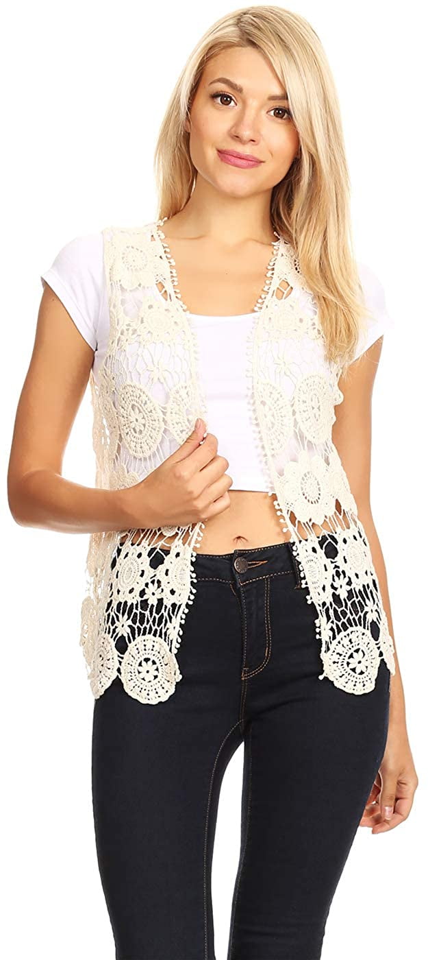 Womens Floral Crochet Lace Trim Sleeveless Open Front Vest Cardigan ...