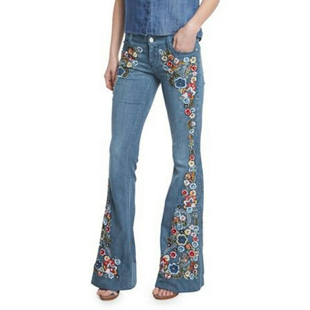 Womens Floral Embroidered Mid Waist Bell Bottom Flare Jeans Vintage