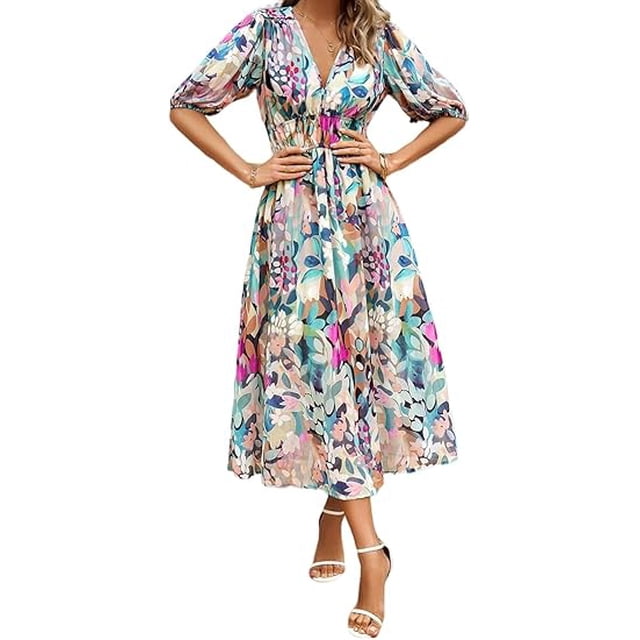 Womens Floral Flowy Wrap V Neck Midi Dress Short Sleeve Casual Spring ...