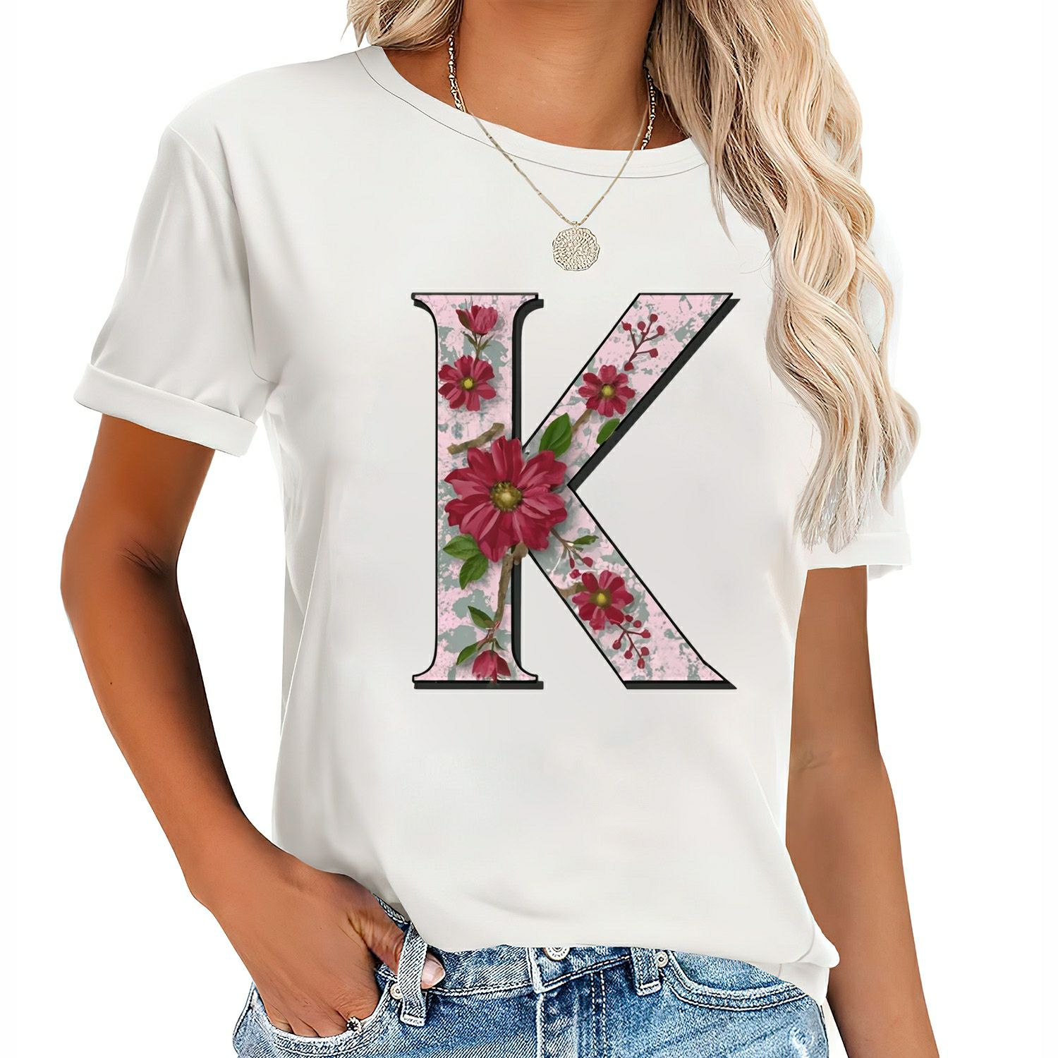Womens Floral K Alphabet Cute Initial Monogram Letter K Graphic Short ...