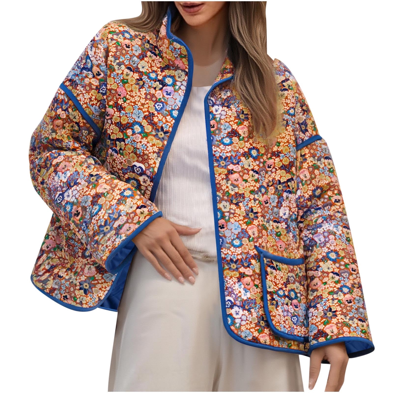Womens Floral Puffer Jacket Cropped Vintage Padded Quilted Coat Open ...