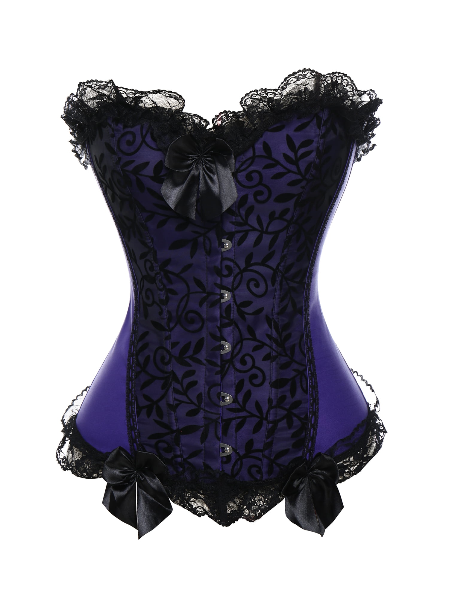 Womens Floral Purple Lace Trim Corset Overbust Waist Cincher Bustier ...