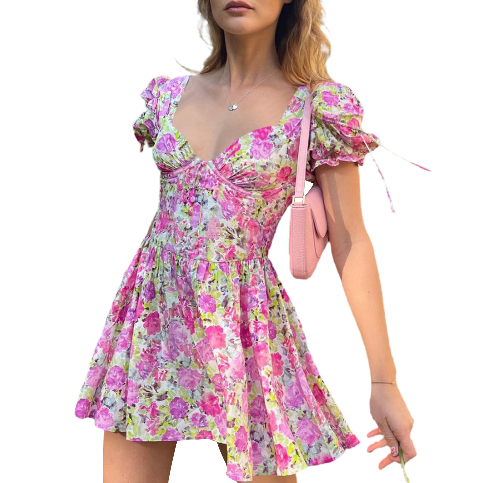 Womens Floral Tie Front Ruffle Mini Dress Square Neck Backless Short ...