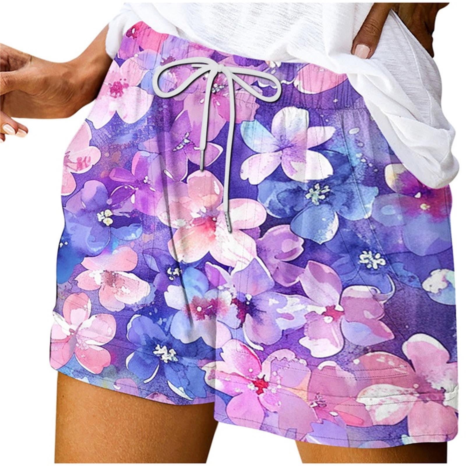 Womens Flower Print Shorts Casual Drawstring Comfy Summer Elastic Waist ...