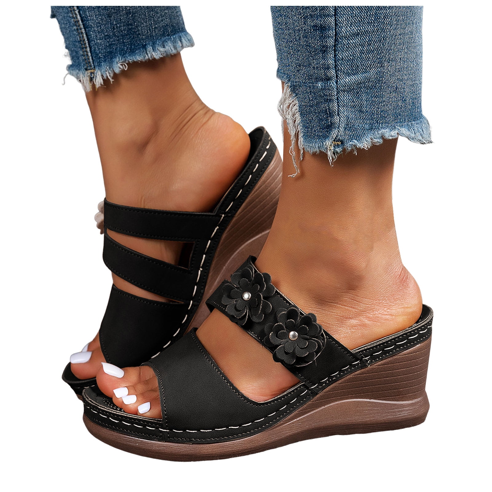 Womens Flower Wedge Dress Slides Sandals 2025 Boho Beach Summer Peep ...