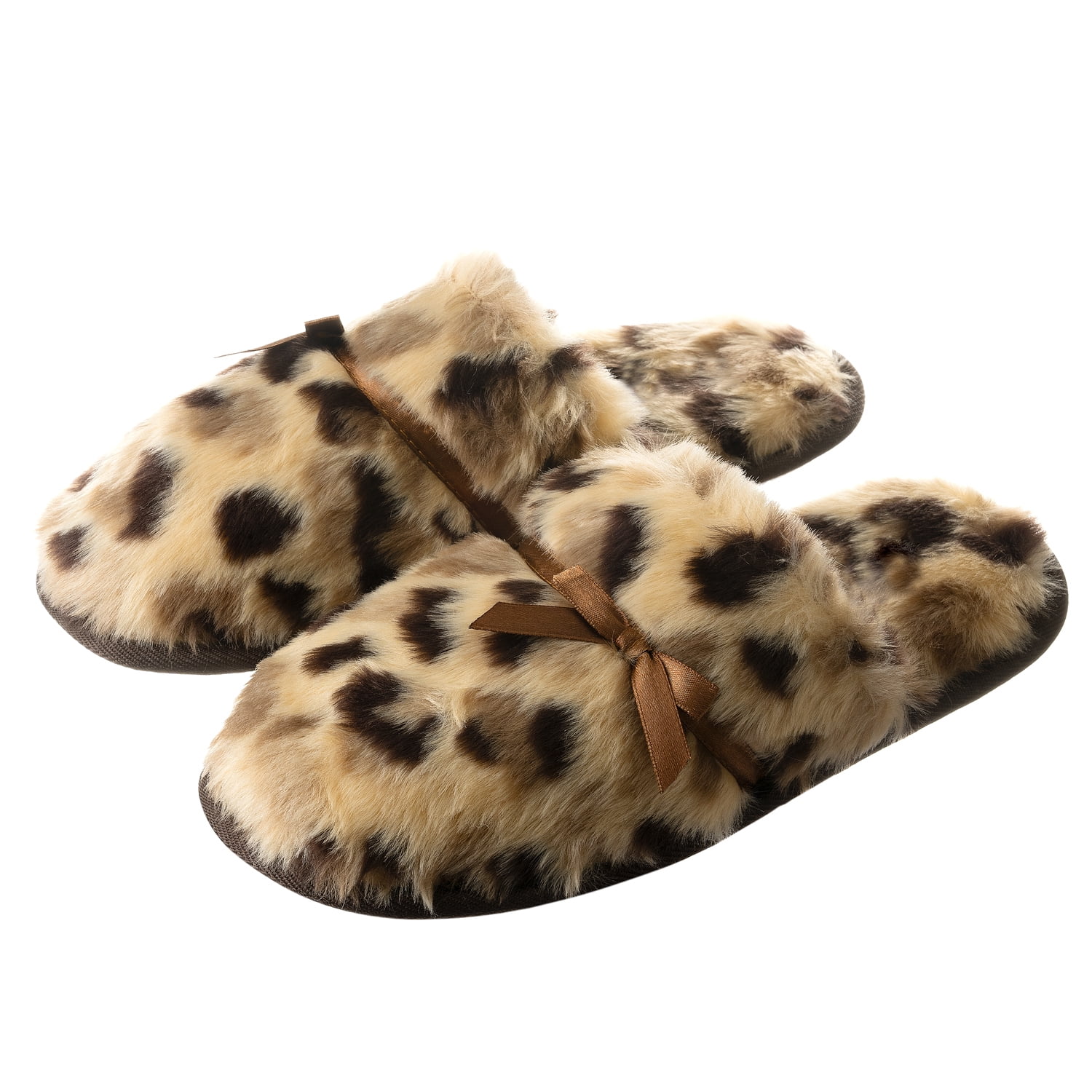 Womens Fluffy Leopard Slippers Soft Comfy Warm House Shoes with Mute ...
