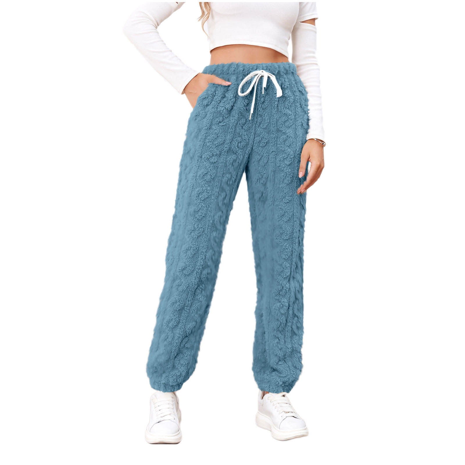 Womens Fluffy Pajama Pants High Waisted Cozy Soft Fuzzy Warm Pants ...