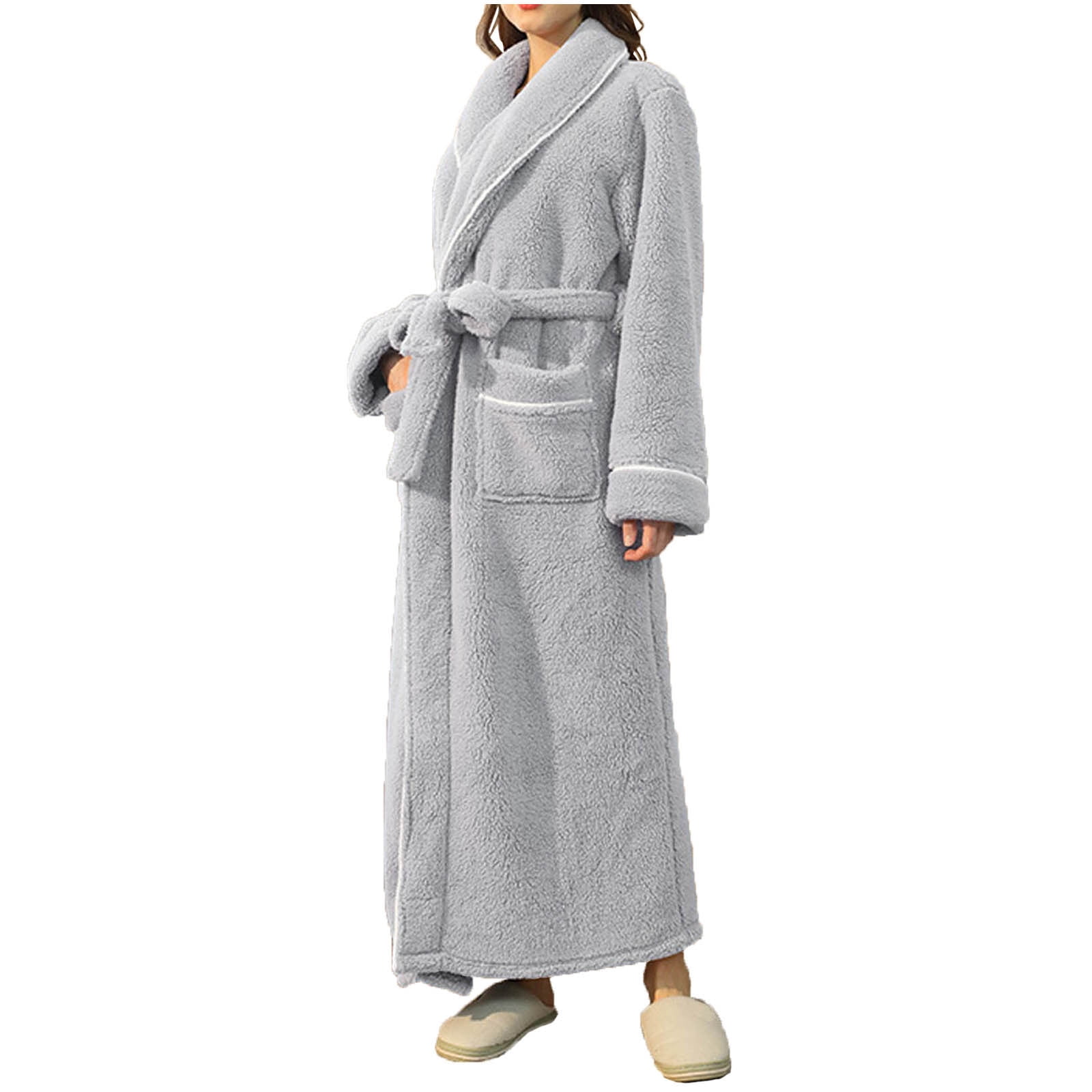 Womens Fluffy Robes Warm Flannel Terrycloth Bathrobe Spa Shawl Collar ...
