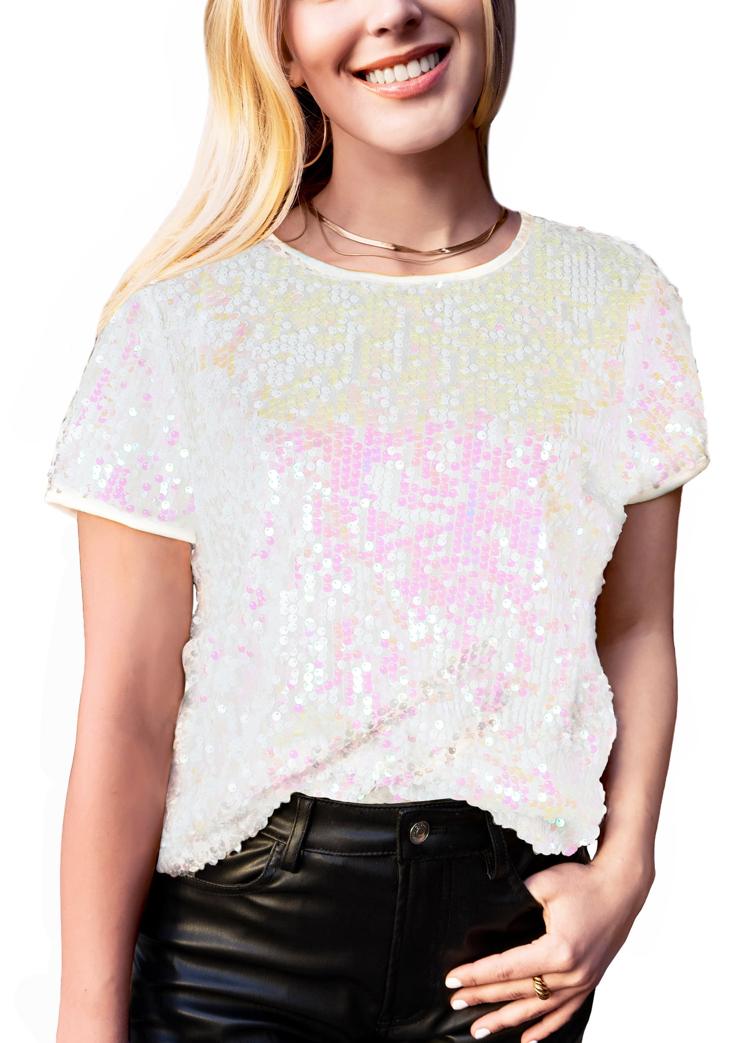 Womens Full Sequin Top Party Holiday Short Sleeve Glitter Sparkle Shirt ...