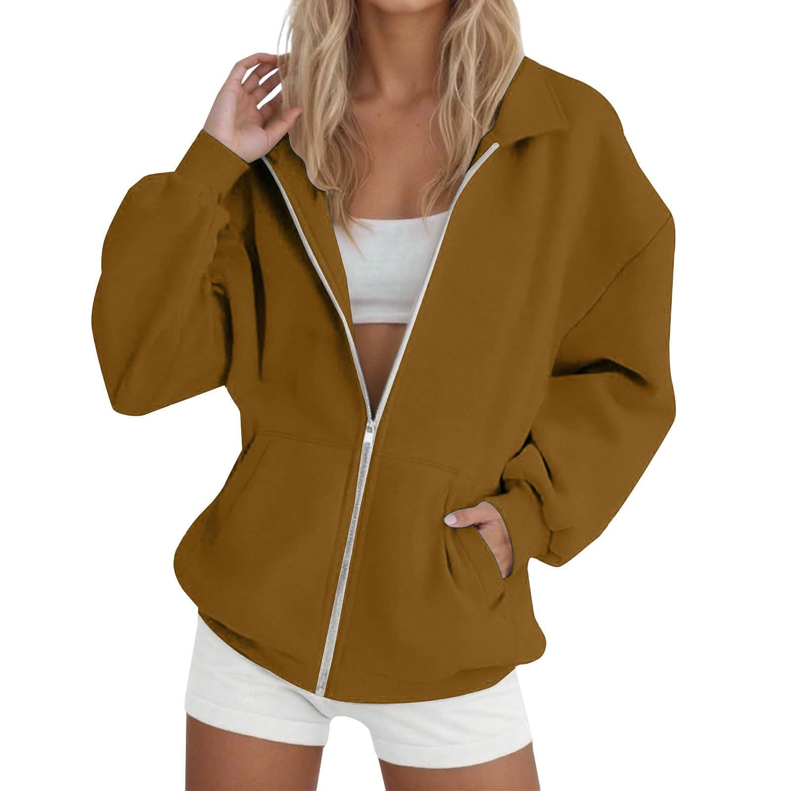 CHUMUD Womens Full Zip Sweatshirt without Hood Casual Turn Down Collar ...