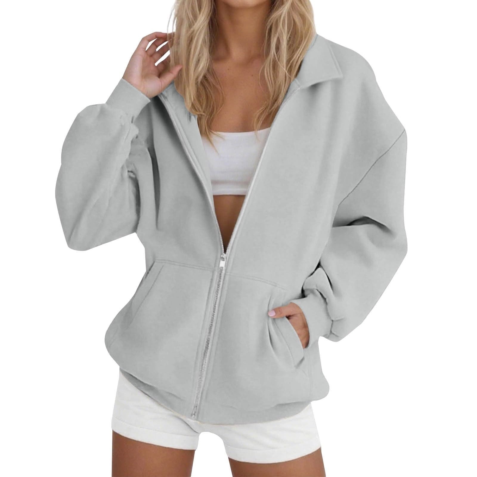 CHUMUD Womens Full Zip Sweatshirt without Hood Casual Turn Down Collar ...