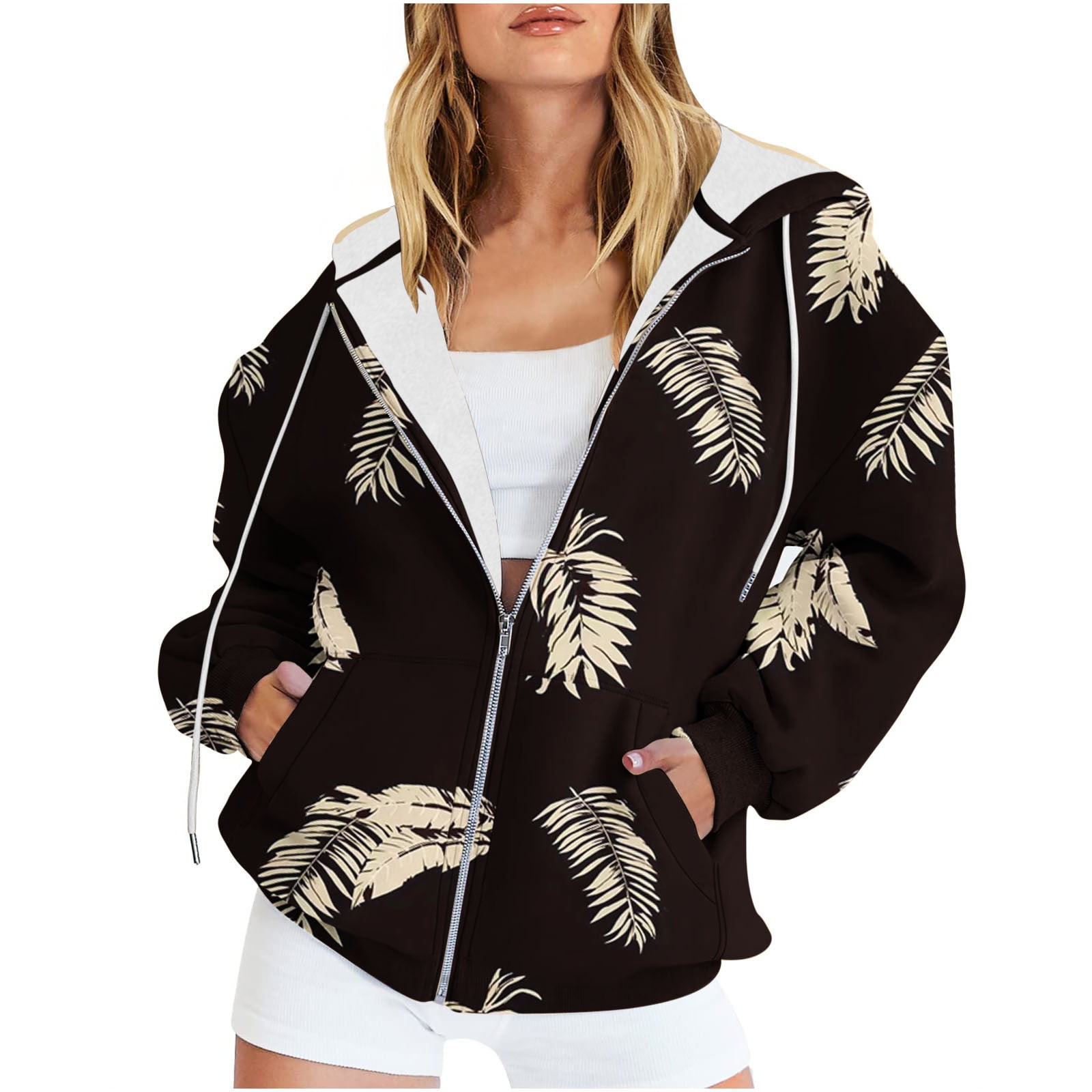 Zip Up Hoodie Jackets with Pockets Womens Printed Long Sleeve Oversized ...