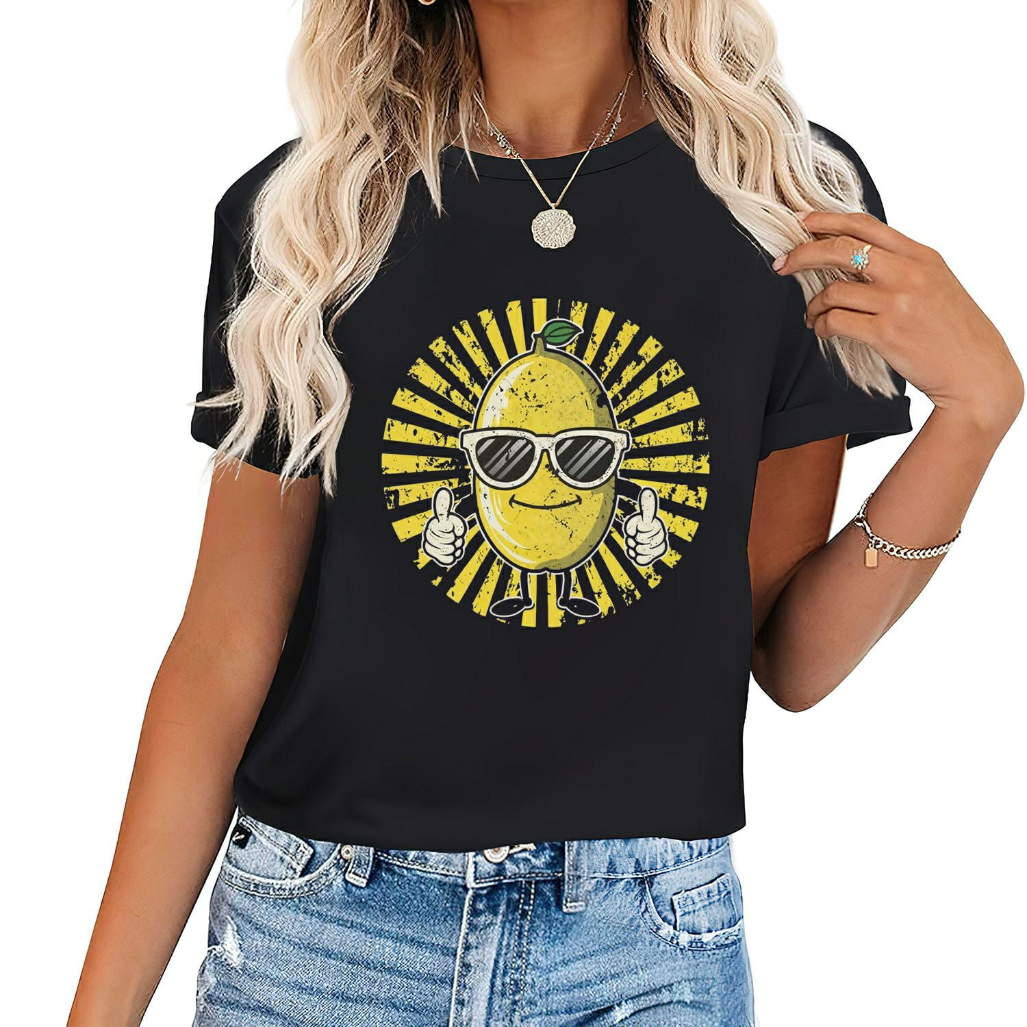 Womens Funny Cool Smiling Thumbs Up Lemon Lemonade Crew Brew T Shirt ...