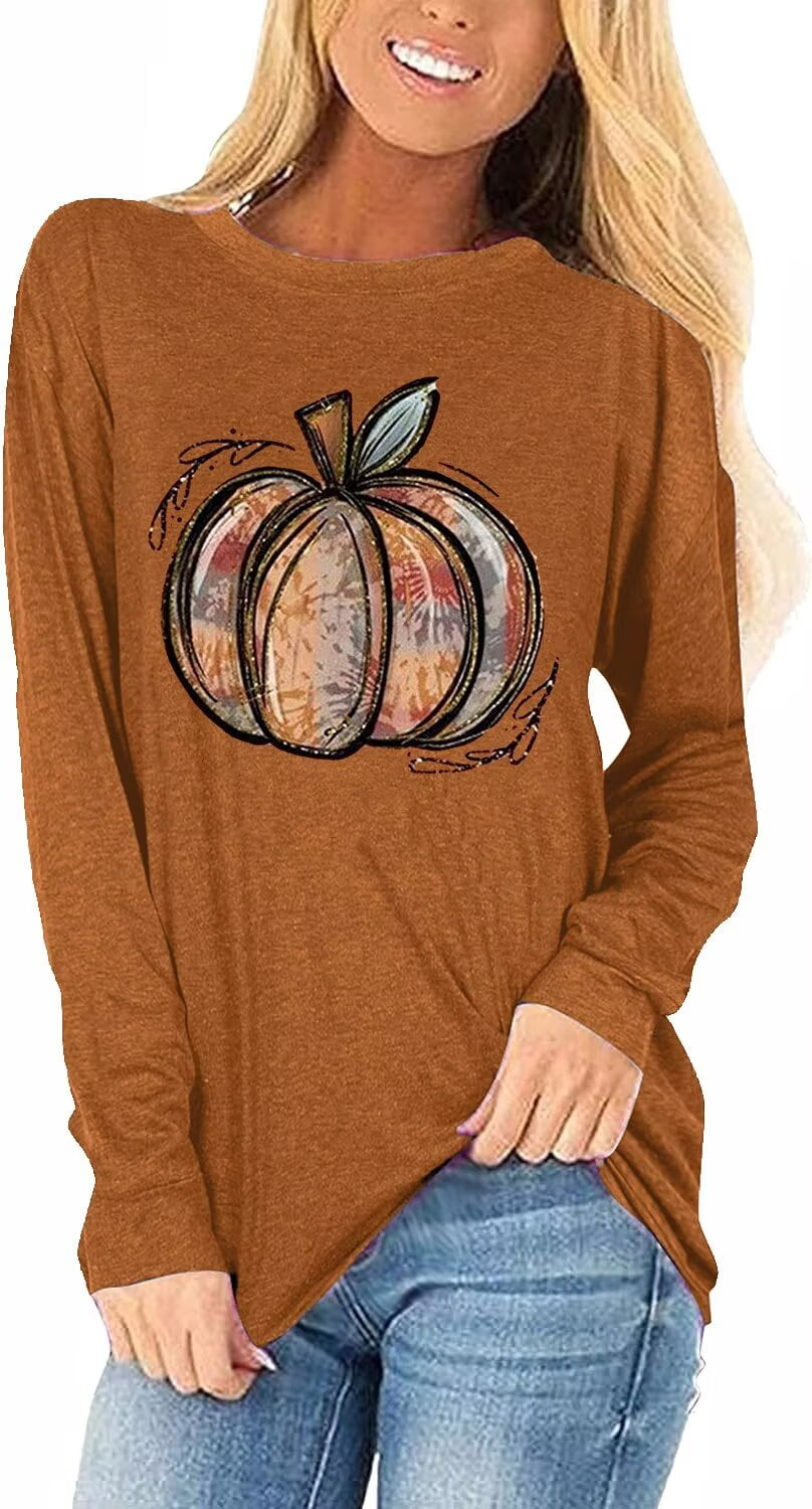 Womens Funny Long Sleeve Halloween Thanksgiving Fall Pumpkin T-Shirts ...