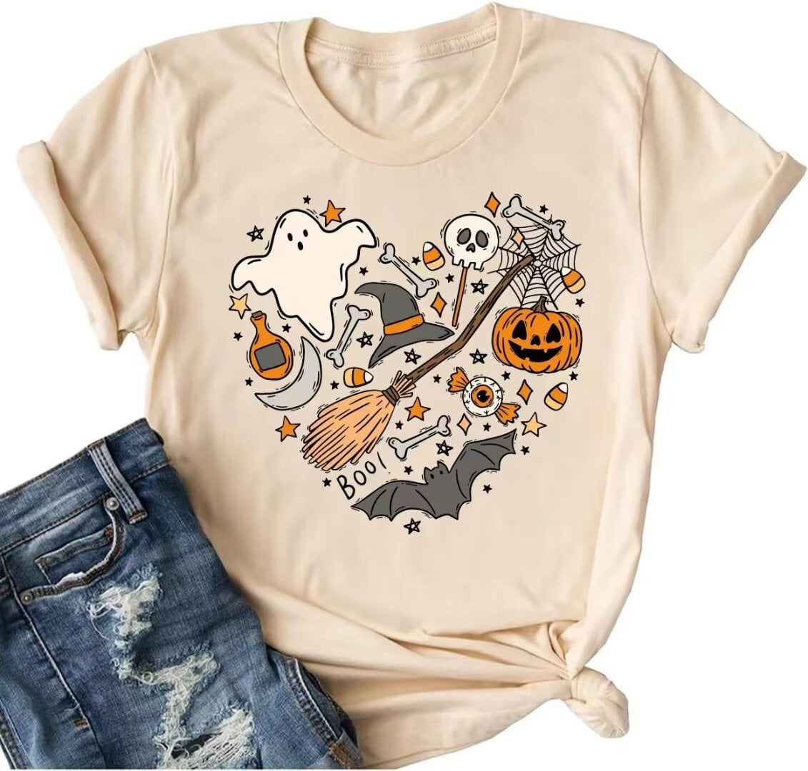 Womens Funny Short Sleeve Heart Halloween Thanksgiving Fall T-Shirts ...