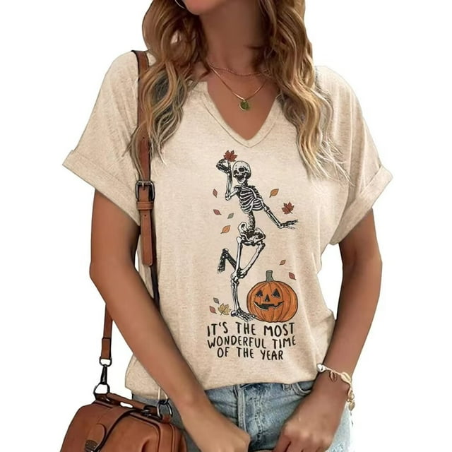 Womens Funny Short Sleeve V Neck Halloween Thanksgiving Fall T-Shirts ...
