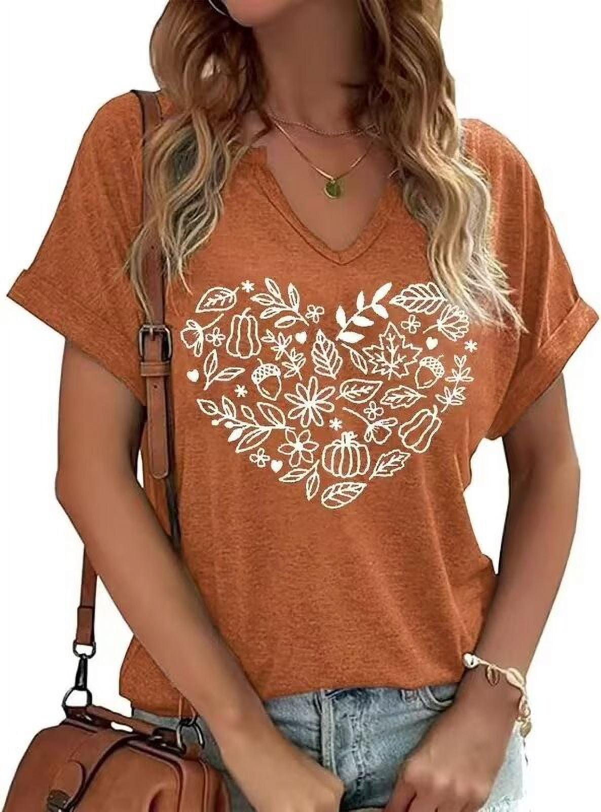 Womens Funny Short Sleeve V Neck Halloween Thanksgiving Fall T-Shirts ...