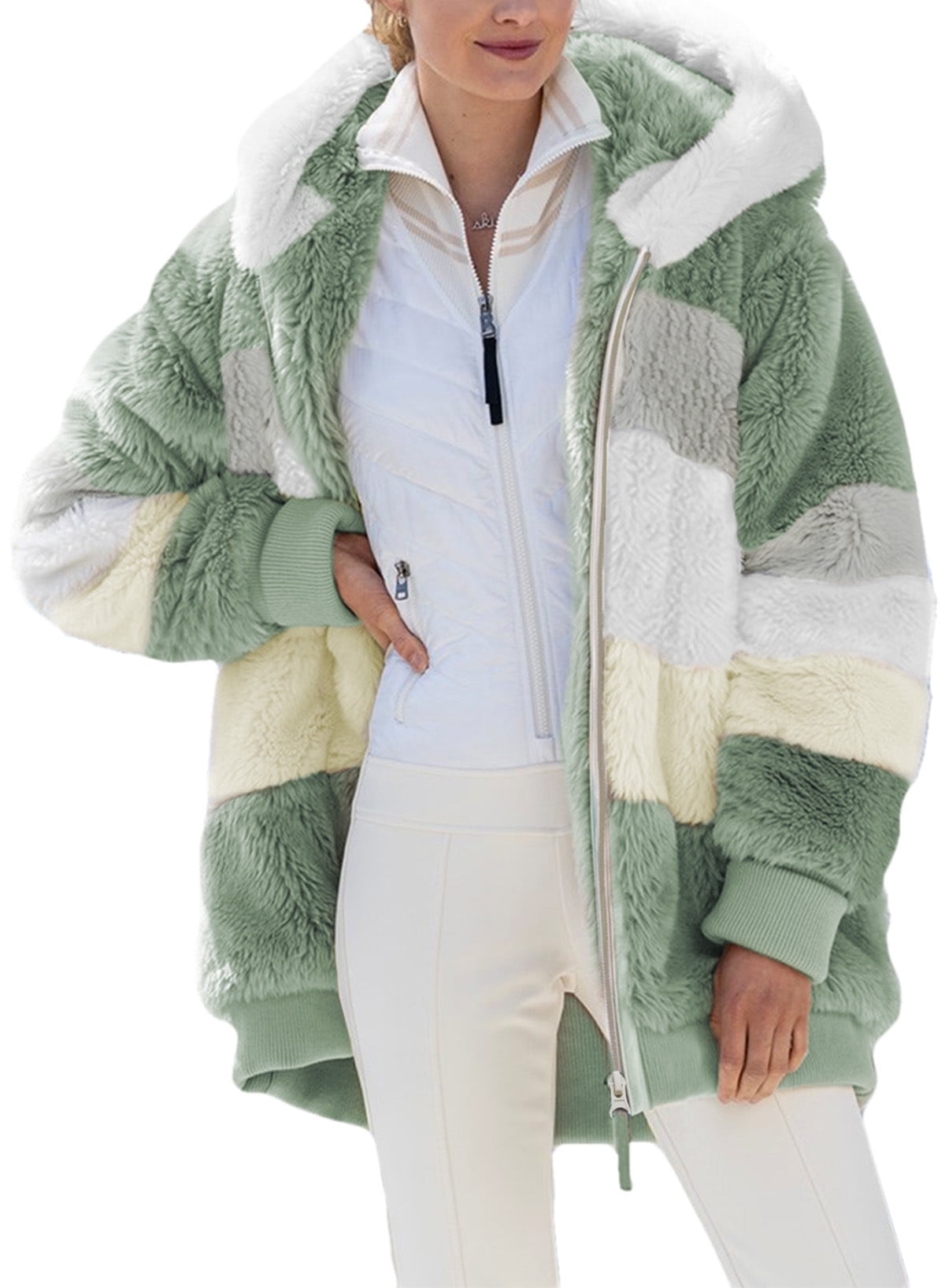 Womens Fuzzy Fleece Jacket Hooded Color Block Patchwork Cardigan Coats ...