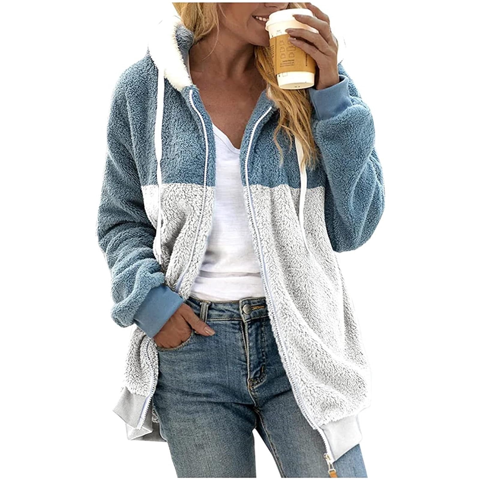 Womens Fuzzy Fleece Jacket Hooded Color Block Patchwork Cardigan Coats ...