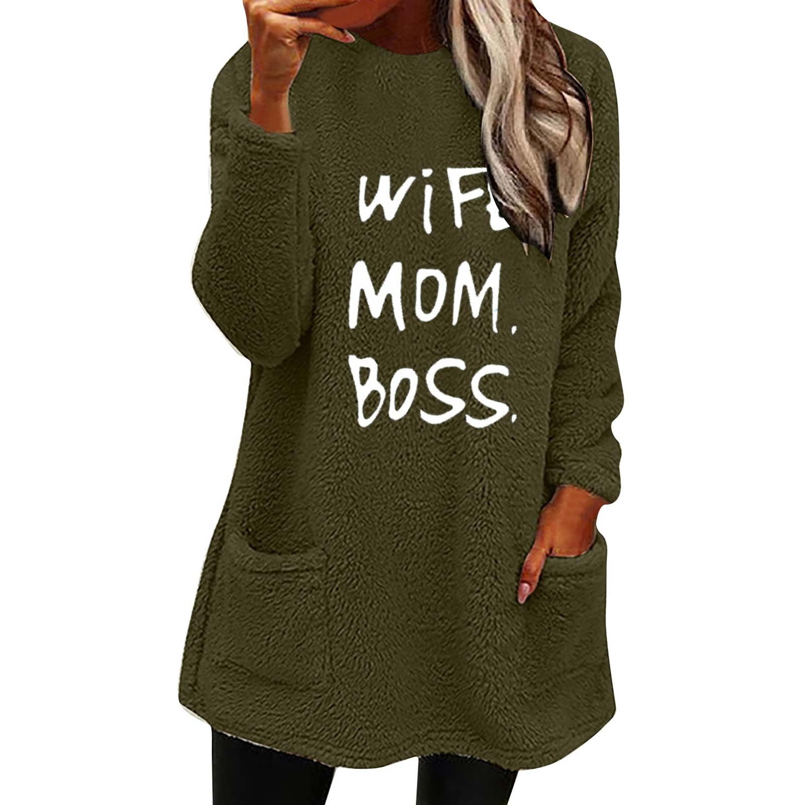Womens Fuzzy Fleece Sherpa Pullover Tops WIFE Mom Boss Letter Printed ...