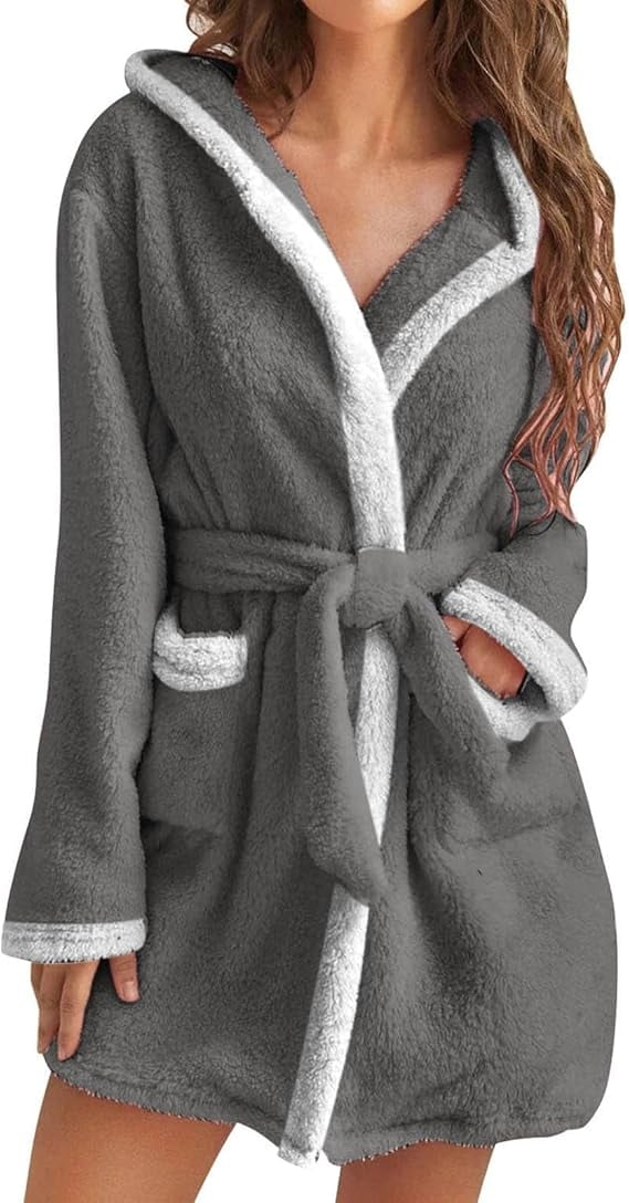 Womens Fuzzy Robe Hooded Plush Sherpa Homewear Sleepwear Soft Warm ...
