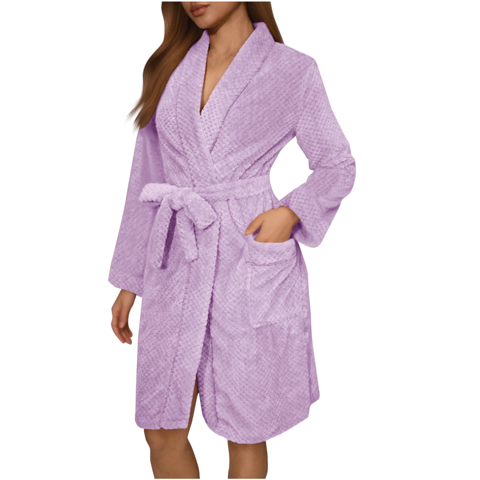 Womens Fuzzy Robe Mid Length Bathrobe Belted Soft Bath Robes Plush ...
