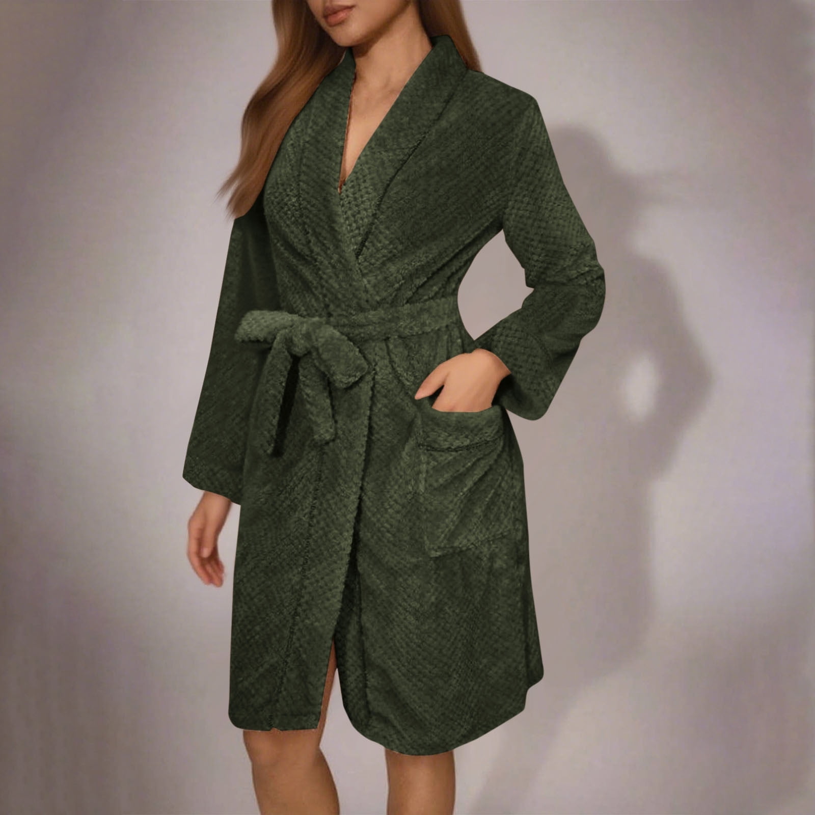 Womens Fuzzy Robe Mid Length Bathrobe Belted Soft Bath Robes Plush ...