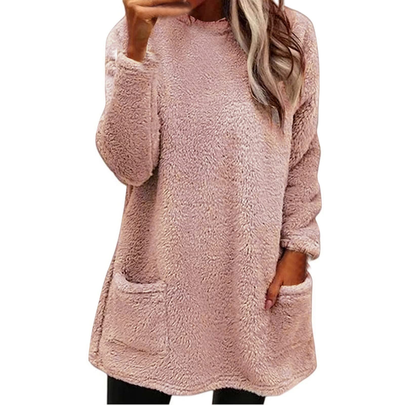 Womens Fuzzy Sherpa Fleece Pullover Casual Crewneck Sweatshirt Sweaters ...