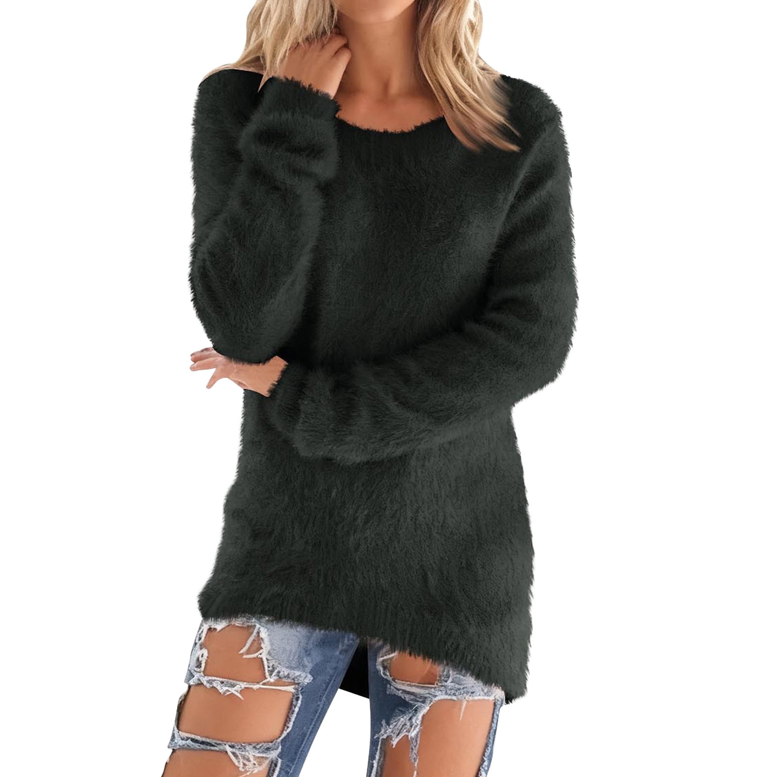 Womens Fuzzy Sweaters Long Sleeve Crewneck Fur Sweater Long Sleeve ...