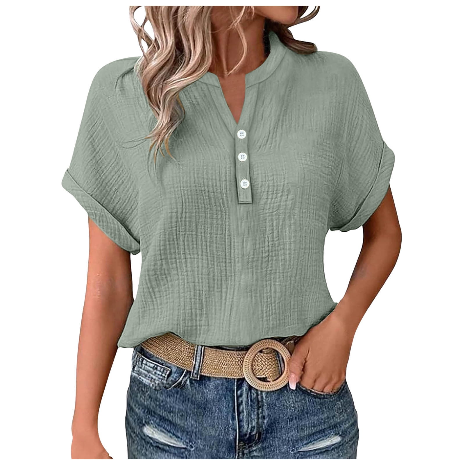 Womens Gauze Textured Collared Button-Down Blouses Casual Short Sleeve ...