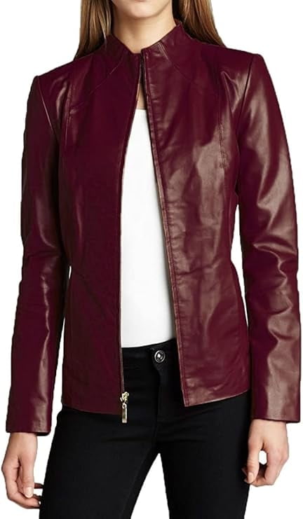 Womens Genuine Burgandy Red Lambskin Leather Jacket Motorcycle Biker Leather Jacket W297 ...